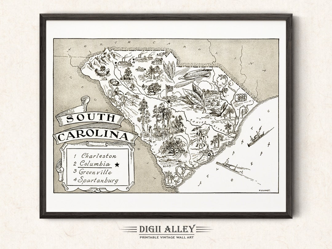 Pictorial State Map of South Carolina – Digital Download PRINTABLE ...