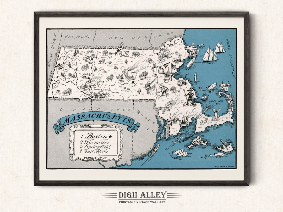 Pictorial Map of Massachusetts – Digital Download PRINTABLE Vintage Fun ...