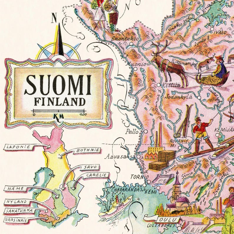 Fun Map of Finland, Suomi – Digital Download PRINTABLE Vintage ...
