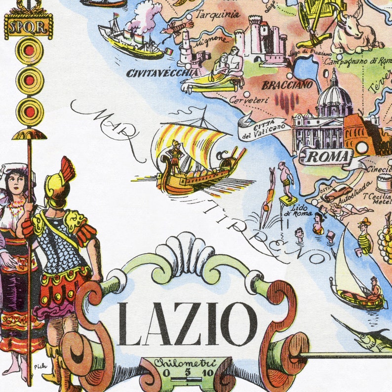 Fun Map of Italy Lazio – Digital Download PRINTABLE Vintage Pictorial ...