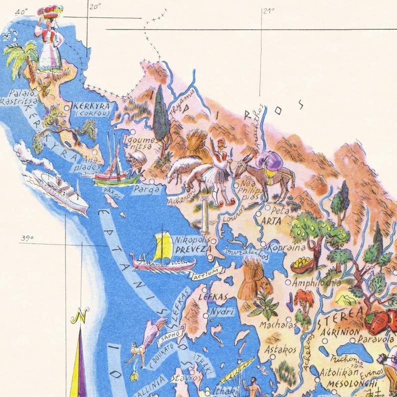 Fun Map of Central Greece – Digital Download PRINTABLE Vintage Fun ...