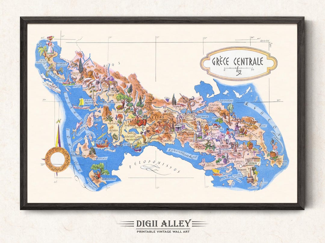 Fun Map of Central Greece – Digital Download PRINTABLE Vintage Fun ...