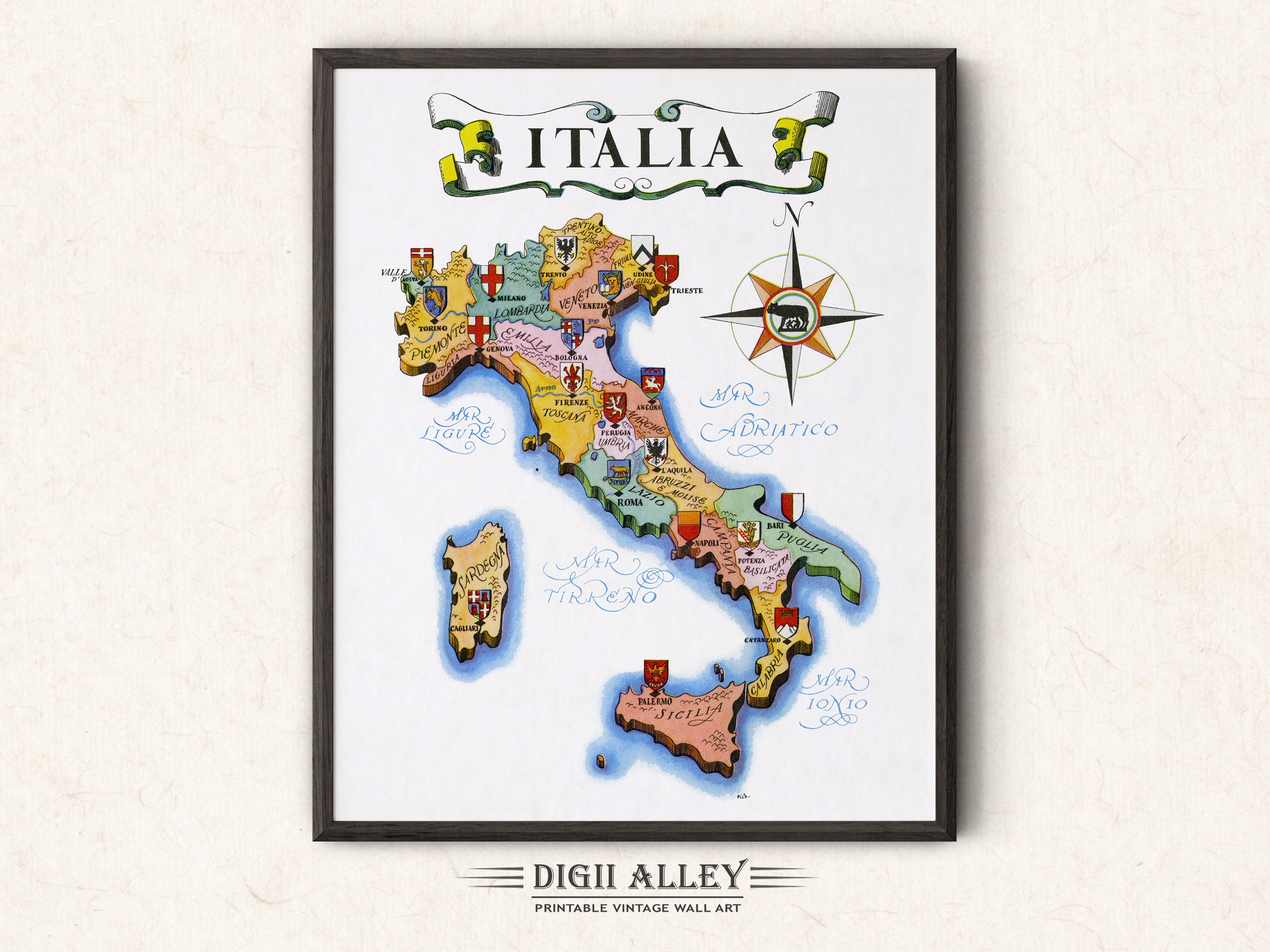 Fun Map of Italy Italia Digital Download PRINTABLE Vintage Pictorial ...