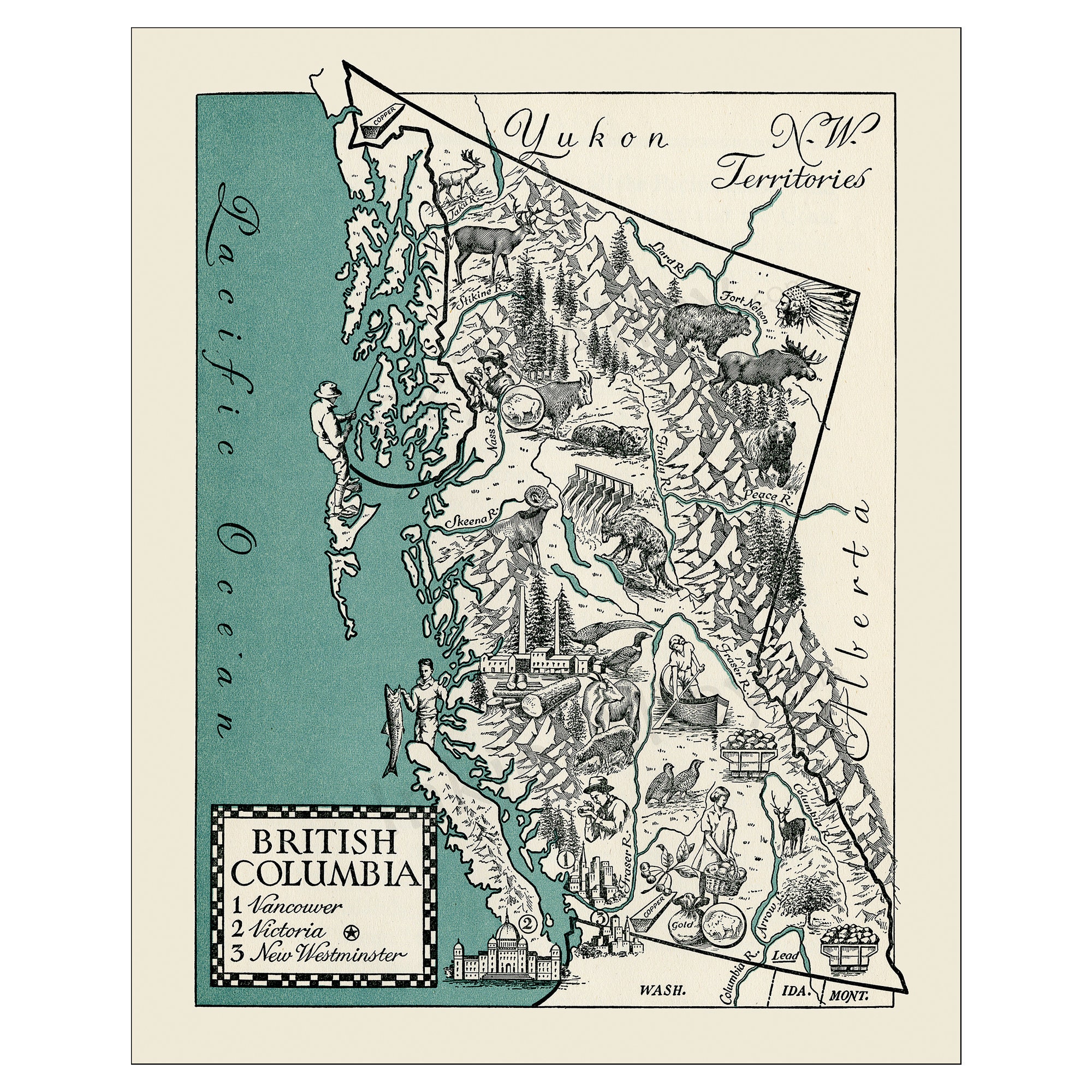 Map of British Columbia Canada – Digital Download PRINTABLE Fun Vintage ...