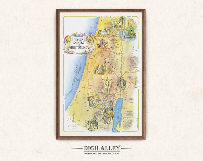 Old Map of the Holy Land in the Middle East, Vintage Pictorial Cartoon ...