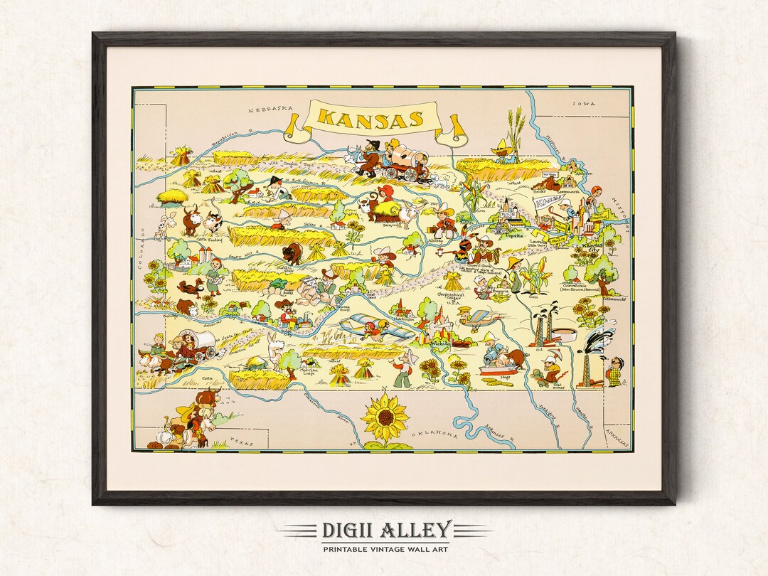 Fun State Map of Kansas – Digital Download PRINTABLE Vintage Pictorial ...