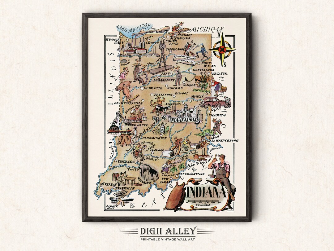 Fun State Map of Indiana – Digital Download PRINTABLE Vintage Pictorial ...