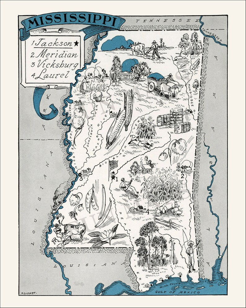 Pictorial Map of Mississippi – Digital Download PRINTABLE Vintage Fun ...