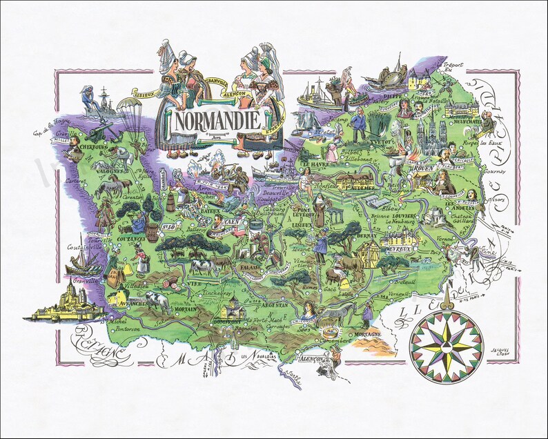 Fun Map of Normandie a French Province, France – Digital Download ...