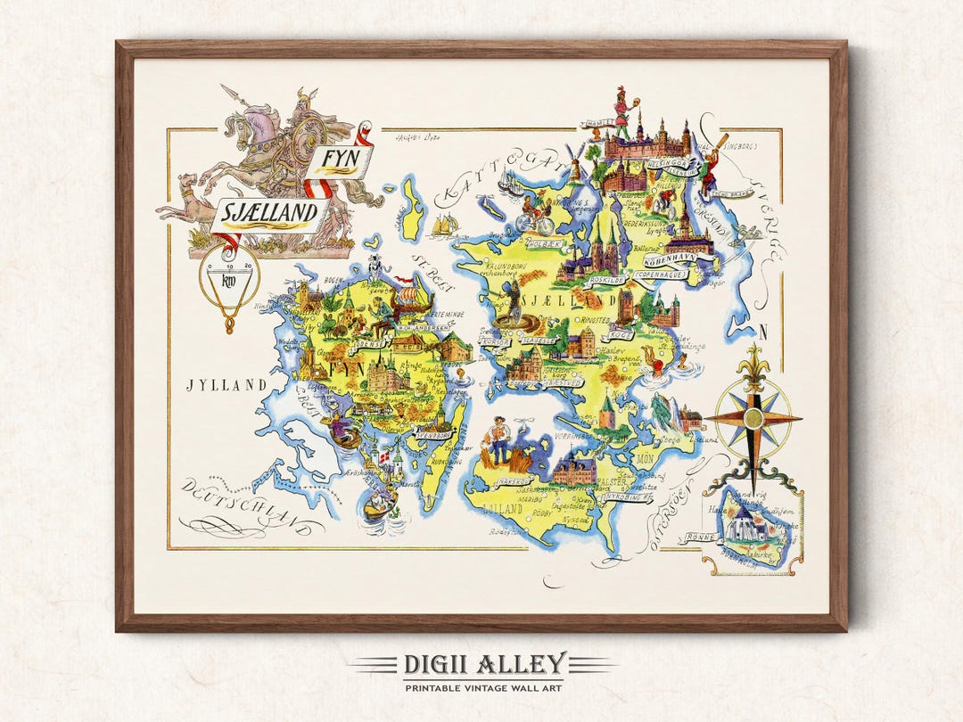 Fun Map of Denmark, Fyn Sjaelland – Digital Download PRINTABLE Vintage ...