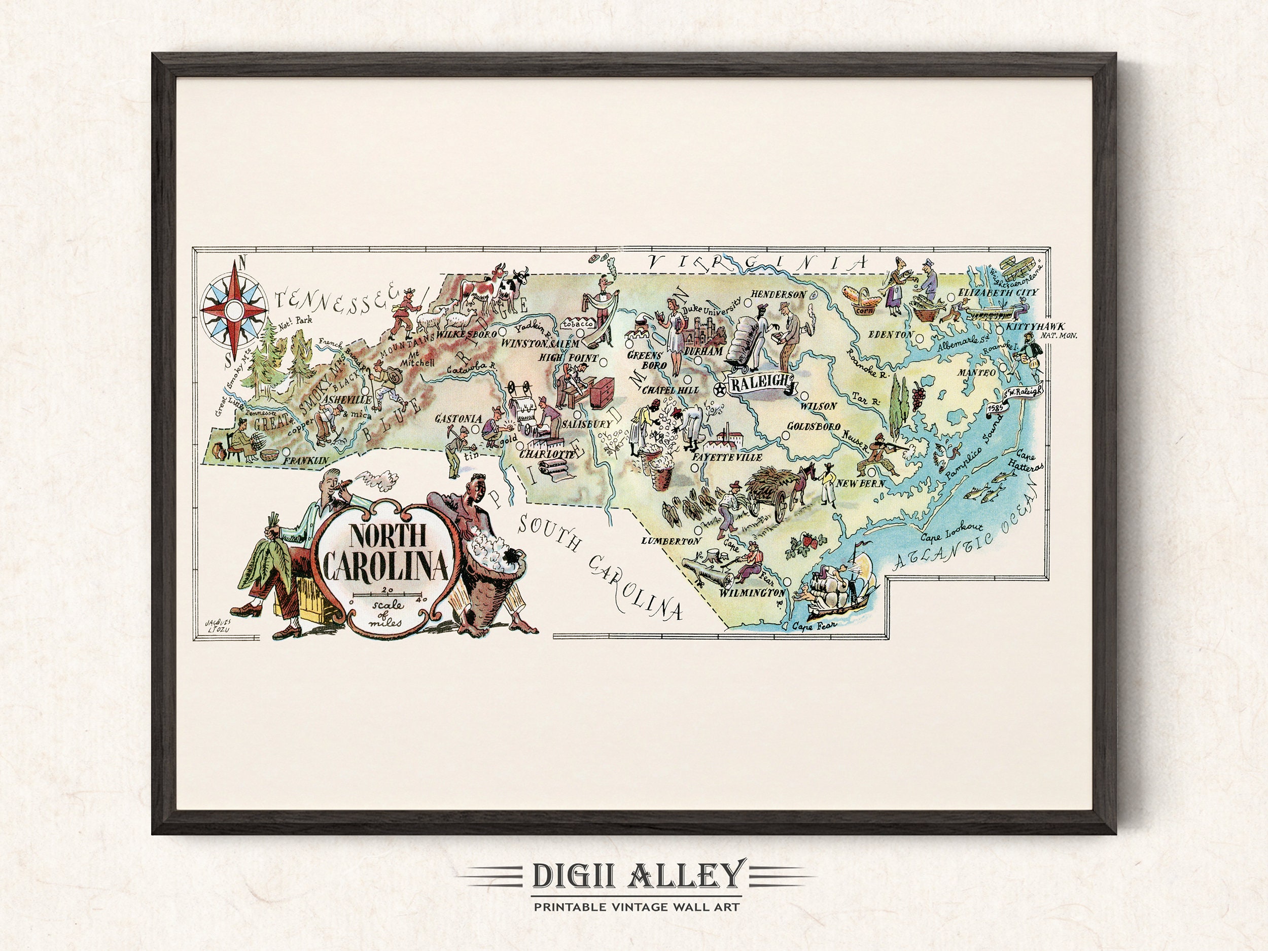 Fun State Map of North Carolina – Digital Download PRINTABLE Vintage ...