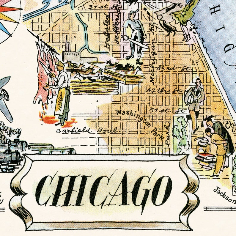 Fun Map of Chicago Illinois – Digital Download PRINTABLE Vintage Wall ...