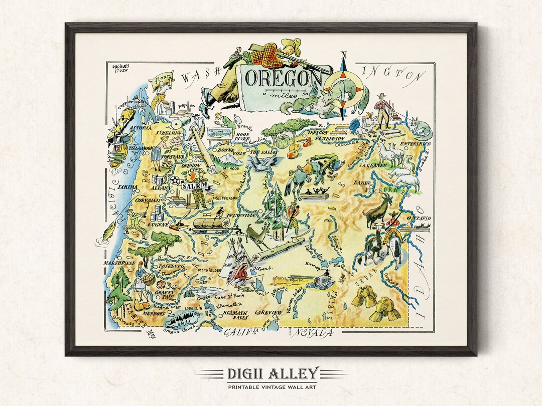 Fun State Map of Oregon – Digital Download PRINTABLE Vintage Pictorial ...