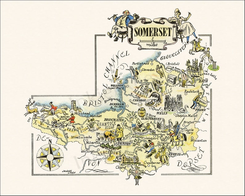 Fun Map of Somerset in Great Britain, England, UK – Digital Download ...