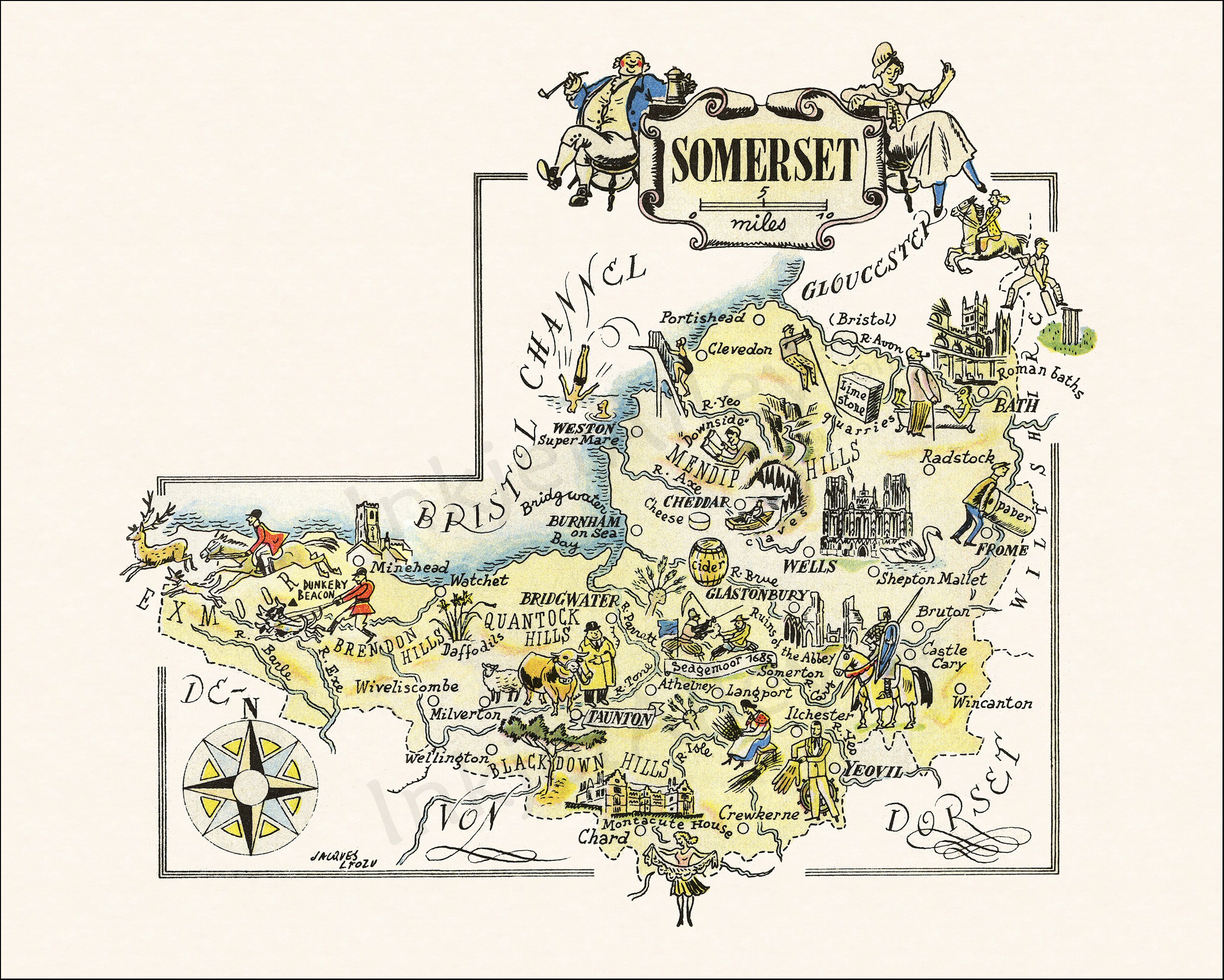 Fun Map of Somerset in Great Britain, England, UK – Digital Download ...