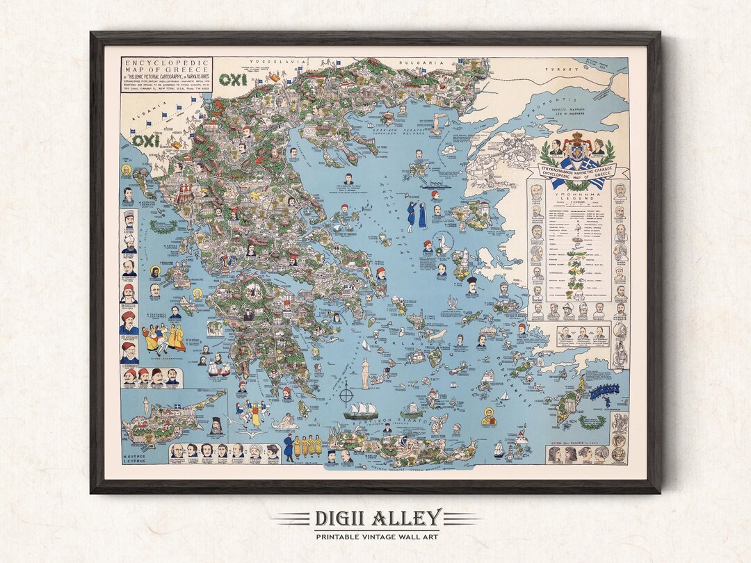 Fun Encyclopedic Map of Greece – Digital Download PRINTABLE Vintage ...