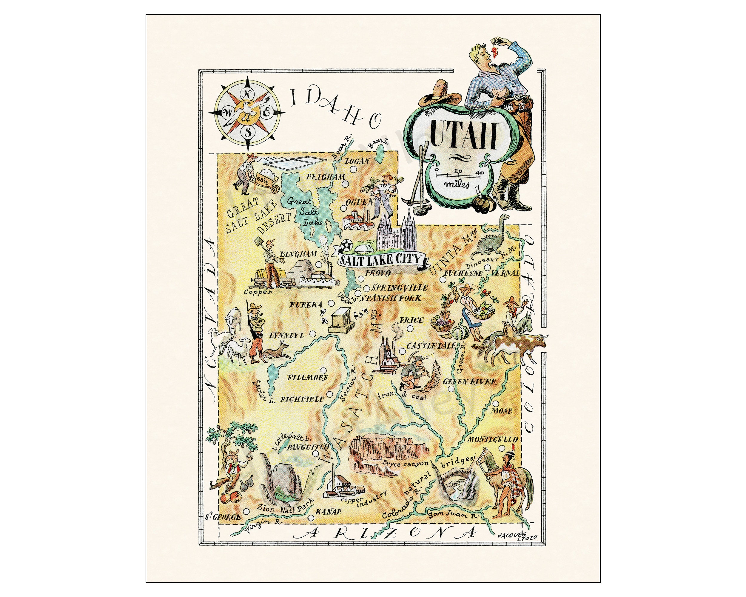Fun State Map of Utah Digital Download PRINTABLE Vintage Pictorial Wall ...