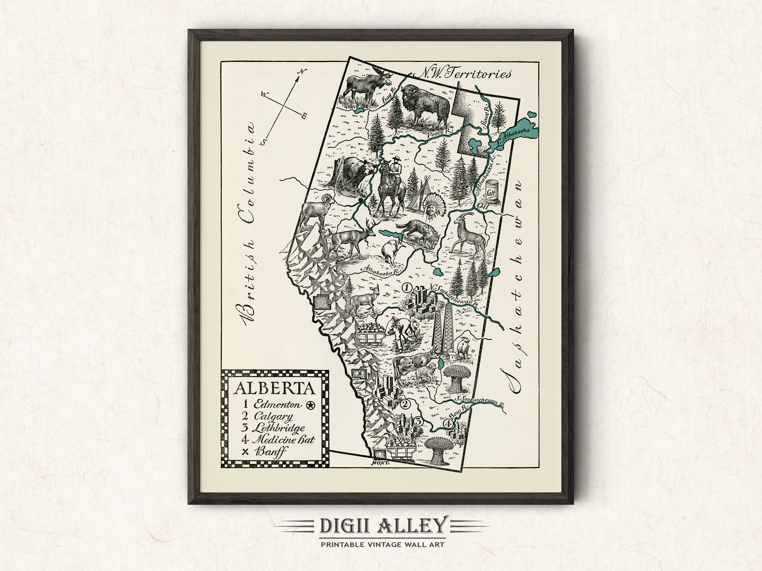 Map of Alberta Canada – Digital Download PRINTABLE Fun Vintage ...