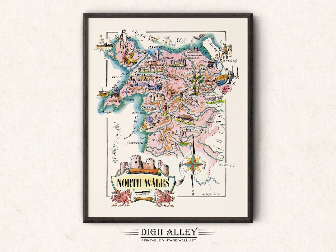 Fun Map of North Wales in Great Britain, England – Digital Download ...