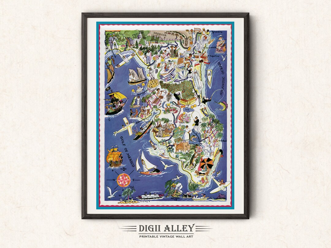 Fun State Map of Florida – Digital Download PRINTABLE Vintage Pictorial ...