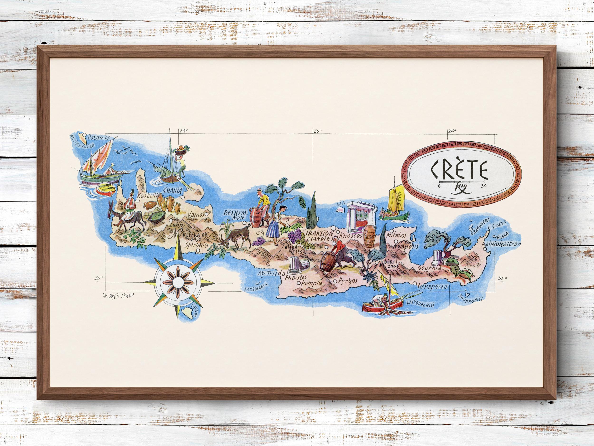 Fun Map of Crete a Greek Island – Digital Download PRINTABLE Vintage ...