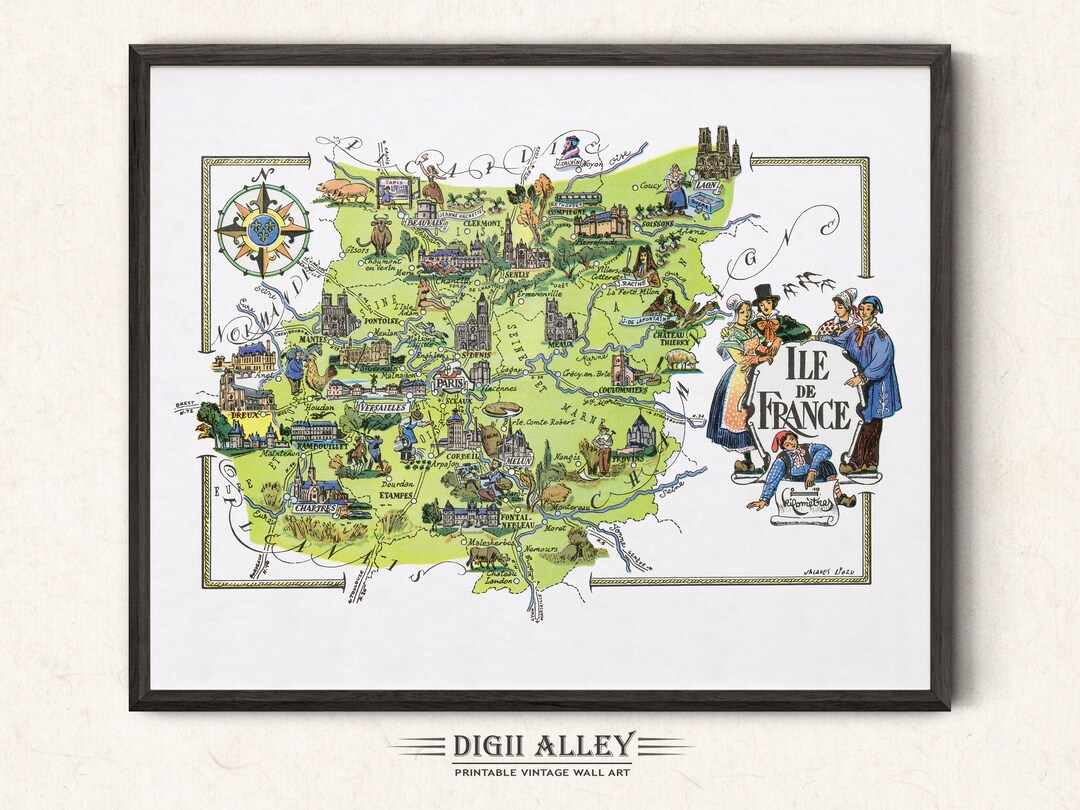 Fun Map of Ile De France a French Province, France – Digital Download ...
