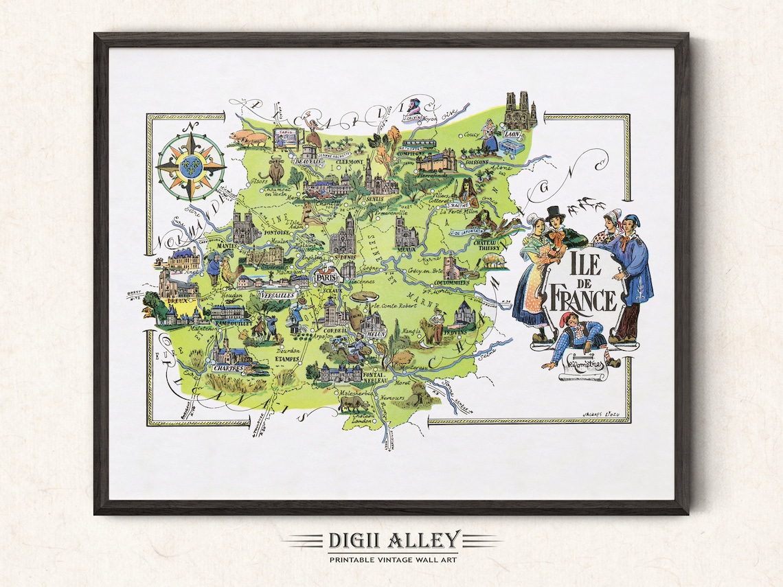 Fun Map of Ile De France a French Province, France – Digital Download ...