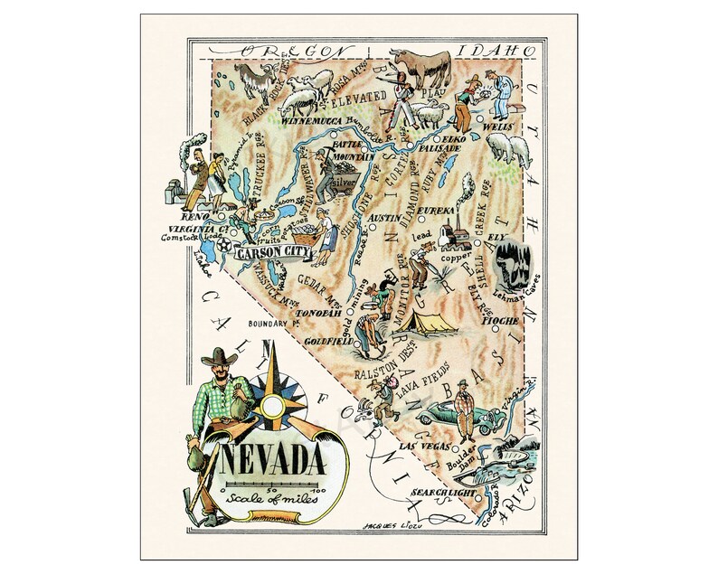 Fun State Map of Nevada – Digital Download PRINTABLE Vintage Pictorial ...