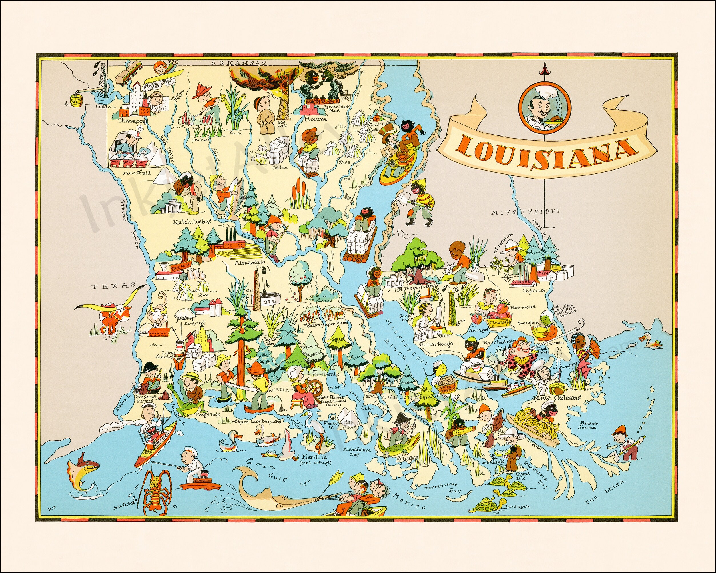 Fun State Map of Louisiana – Digital Download PRINTABLE Vintage ...