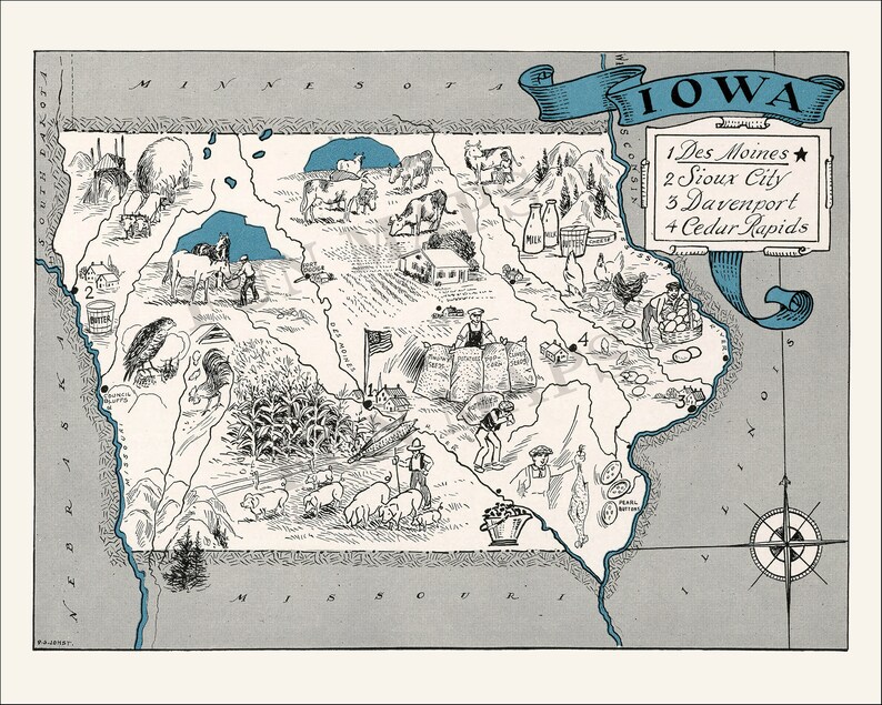 Pictorial Map of Iowa Digital Download PRINTABLE Vintage Fun - Etsy