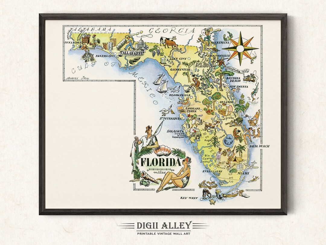 Fun State Map of Florida – Digital Download PRINTABLE Vintage Pictorial ...