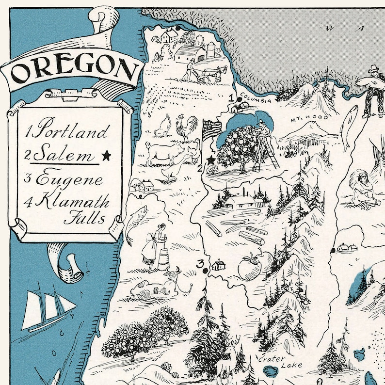 Pictorial Map of Oregon – Digital Download PRINTABLE Vintage Fun Old ...