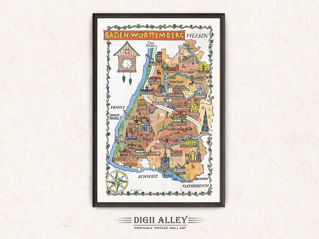 Fun Map of Baden-württemberg in Germany, Deutschland, DE – Digital ...