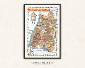 Fun Map of Bavaria in Germany, Deutschland, DE Vintage Pictorial ...