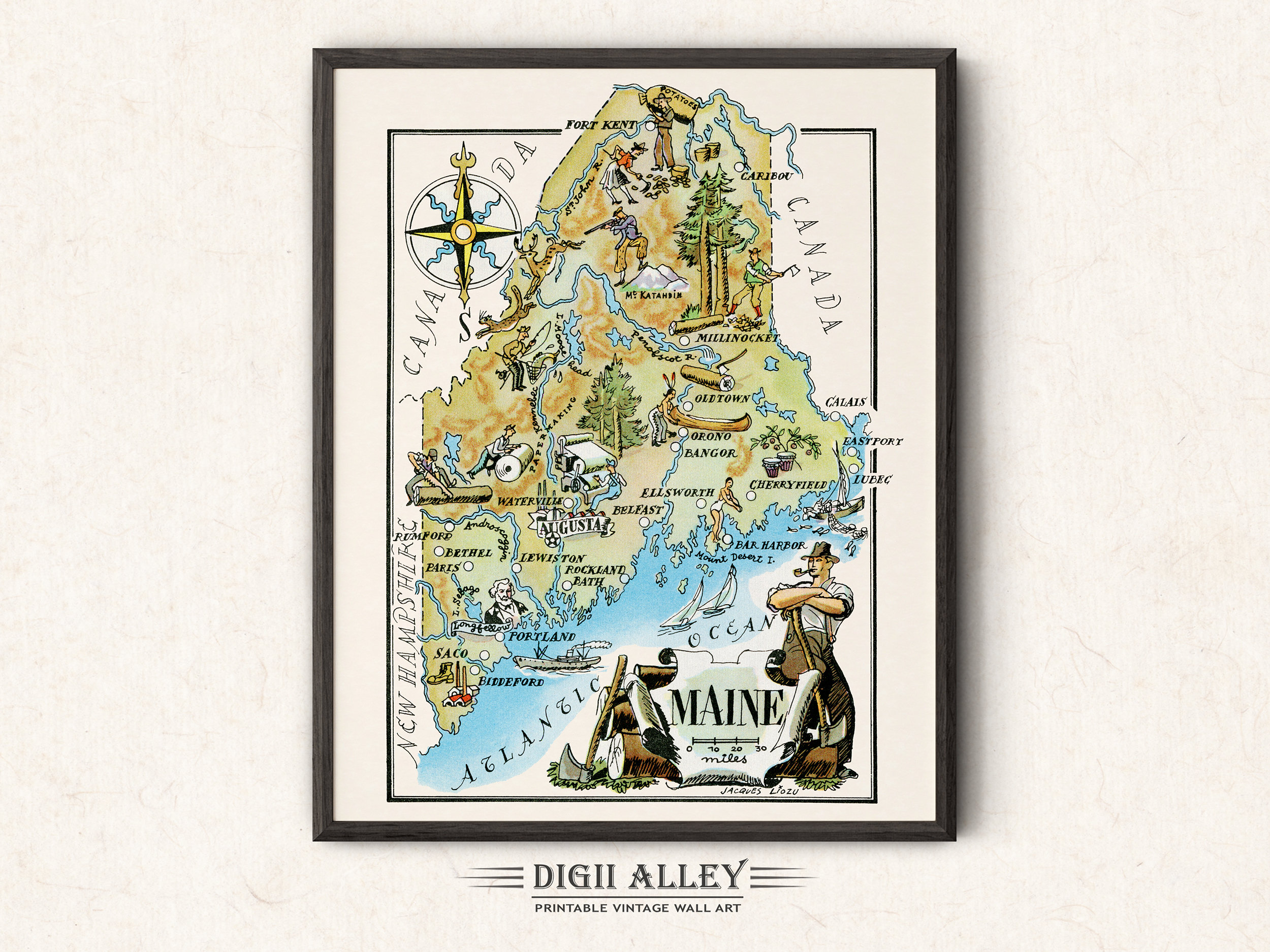 Fun State Map of Maine – Digital Download PRINTABLE Vintage Pictorial ...