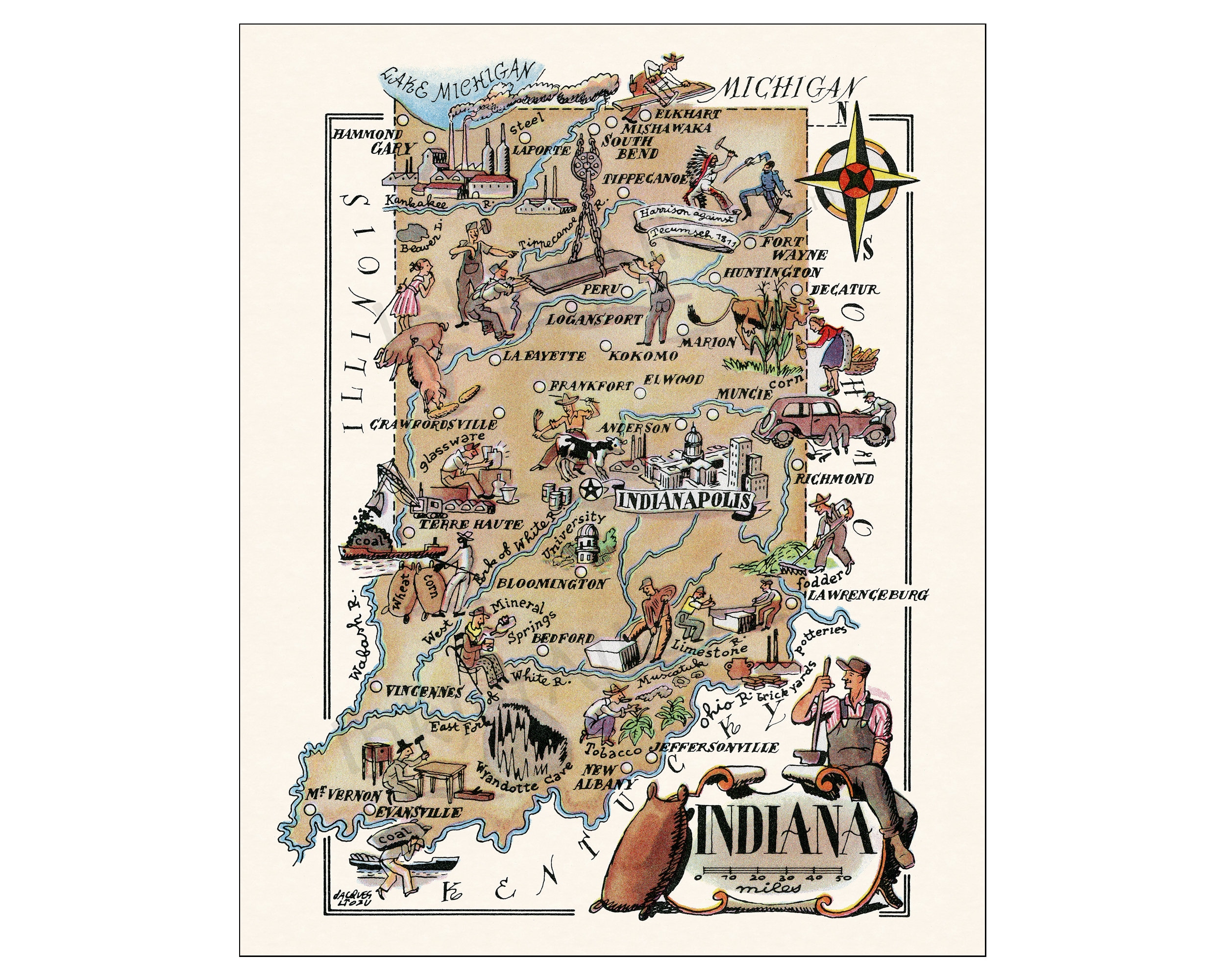 Fun State Map of Indiana – Digital Download PRINTABLE Vintage Pictorial ...