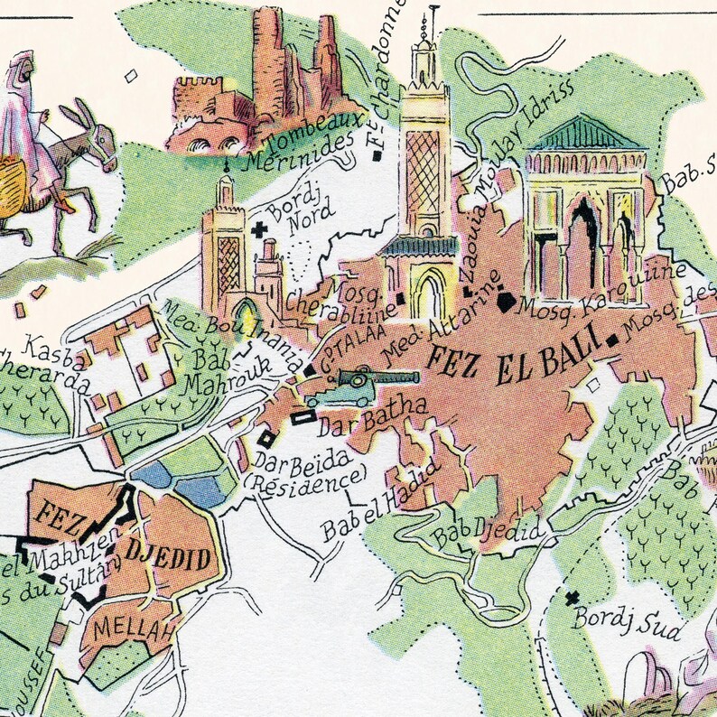 Fun Map of Fes in Northern Africa – Digital Download PRINTABLE Vintage ...