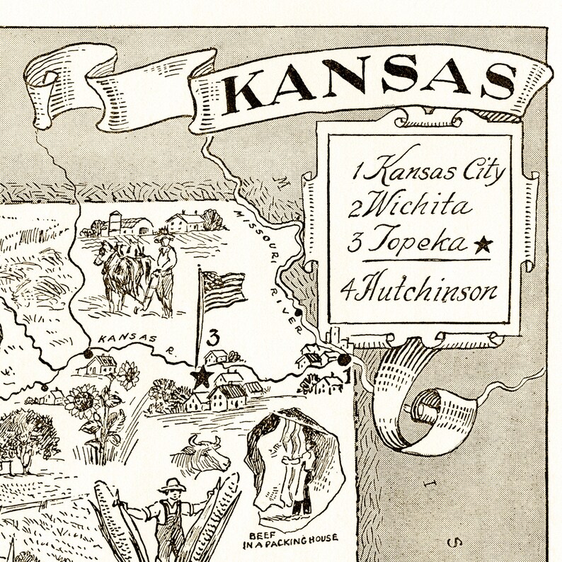 Pictorial State Map of Kansas Digital Download PRINTABLE Vintage Fun ...
