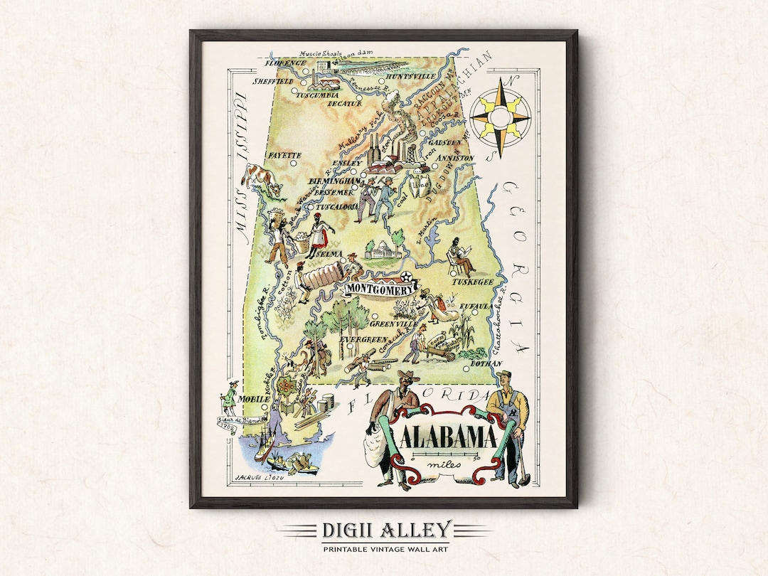 Fun State Map of Alabama – Digital Download PRINTABLE Vintage Pictorial ...