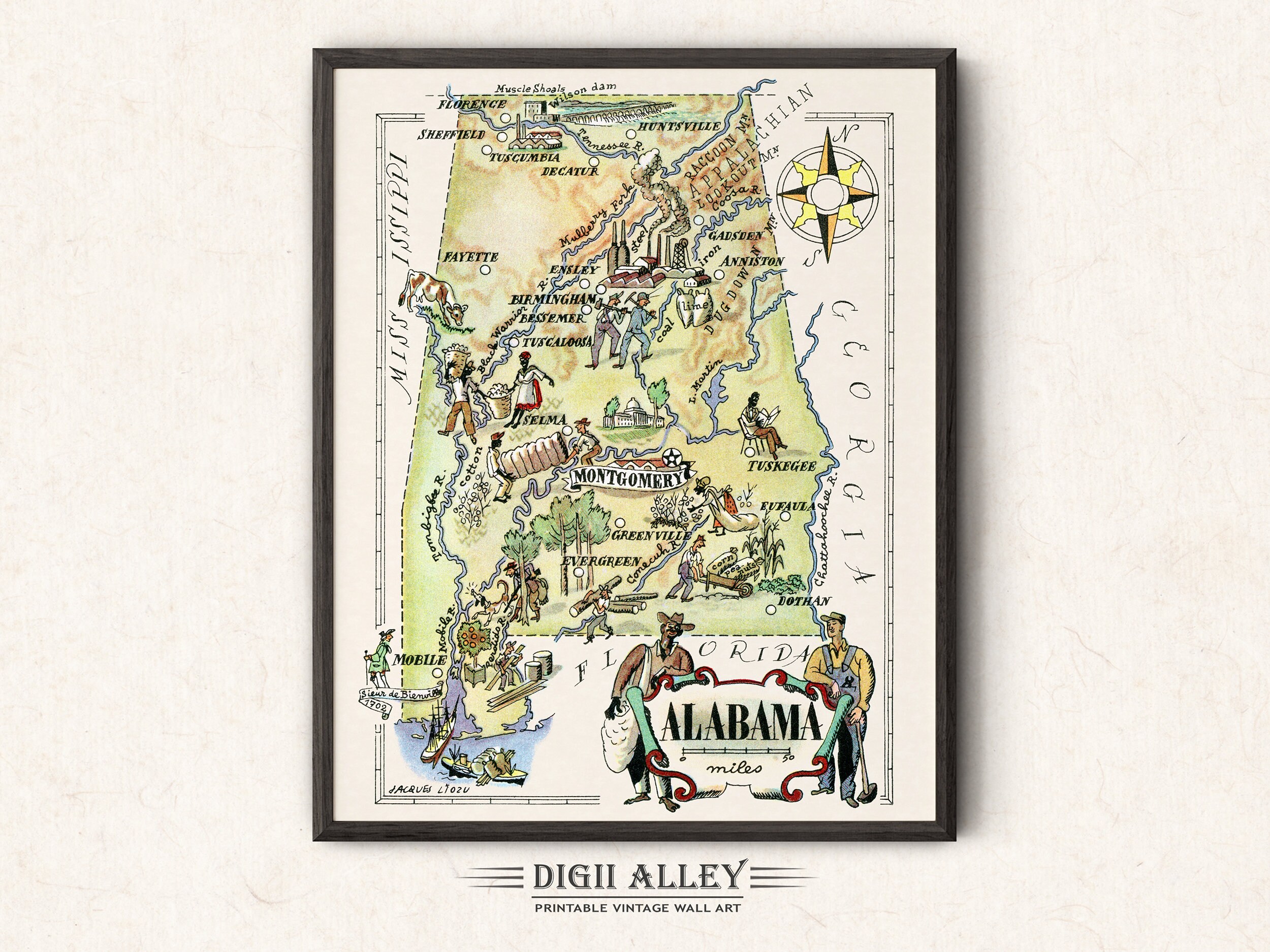 Fun State Map of Alabama – Digital Download PRINTABLE Vintage Pictorial ...