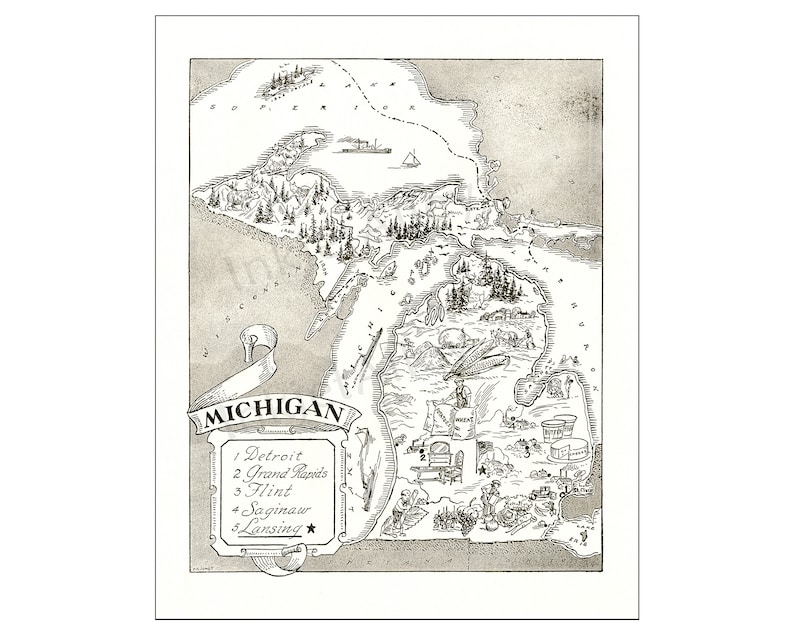 Pictorial State Map of Michigan – Digital Download PRINTABLE Vintage Fun Old Wall Art Décor ...