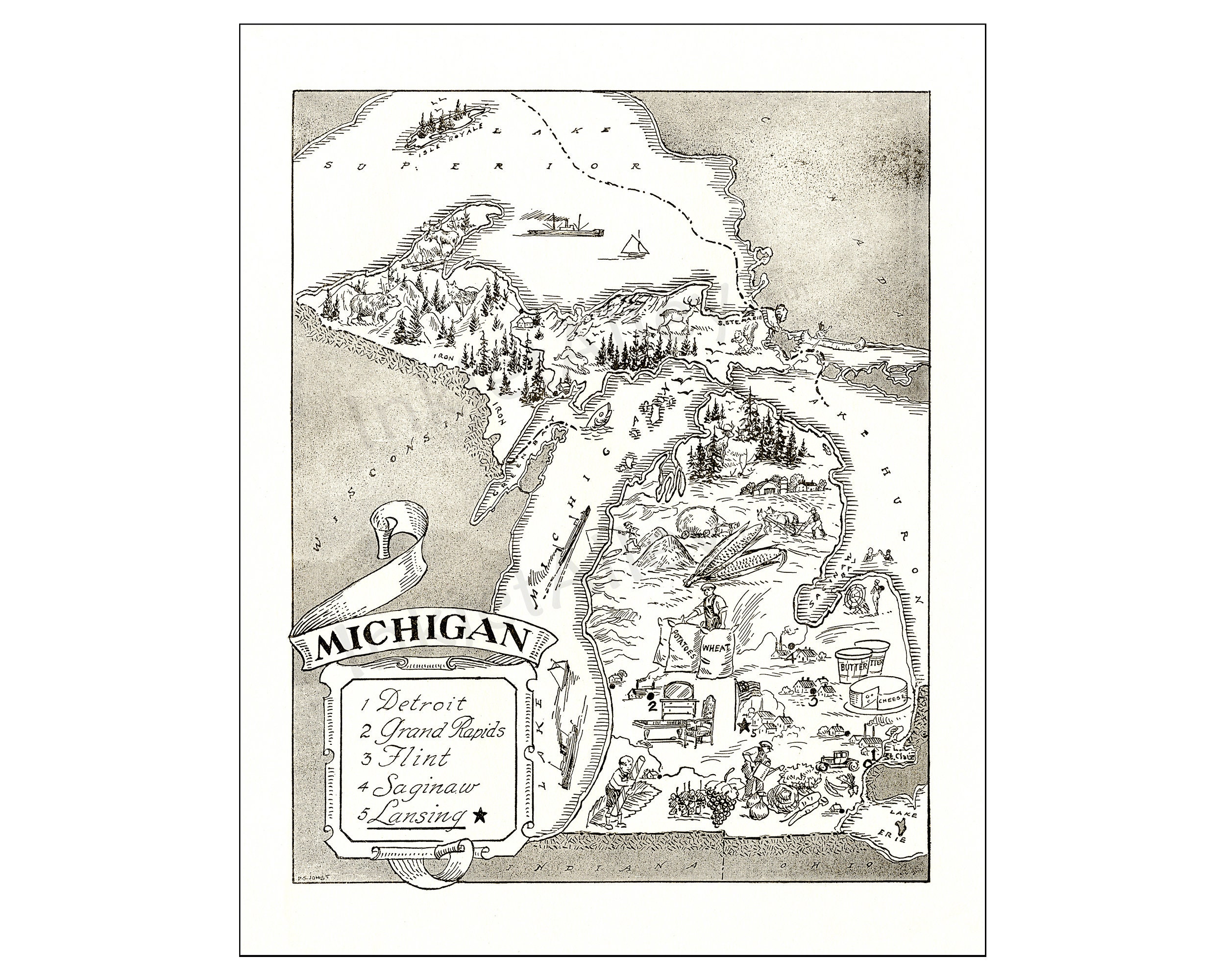 Pictorial State Map of Michigan Digital Download PRINTABLE Vintage Fun ...