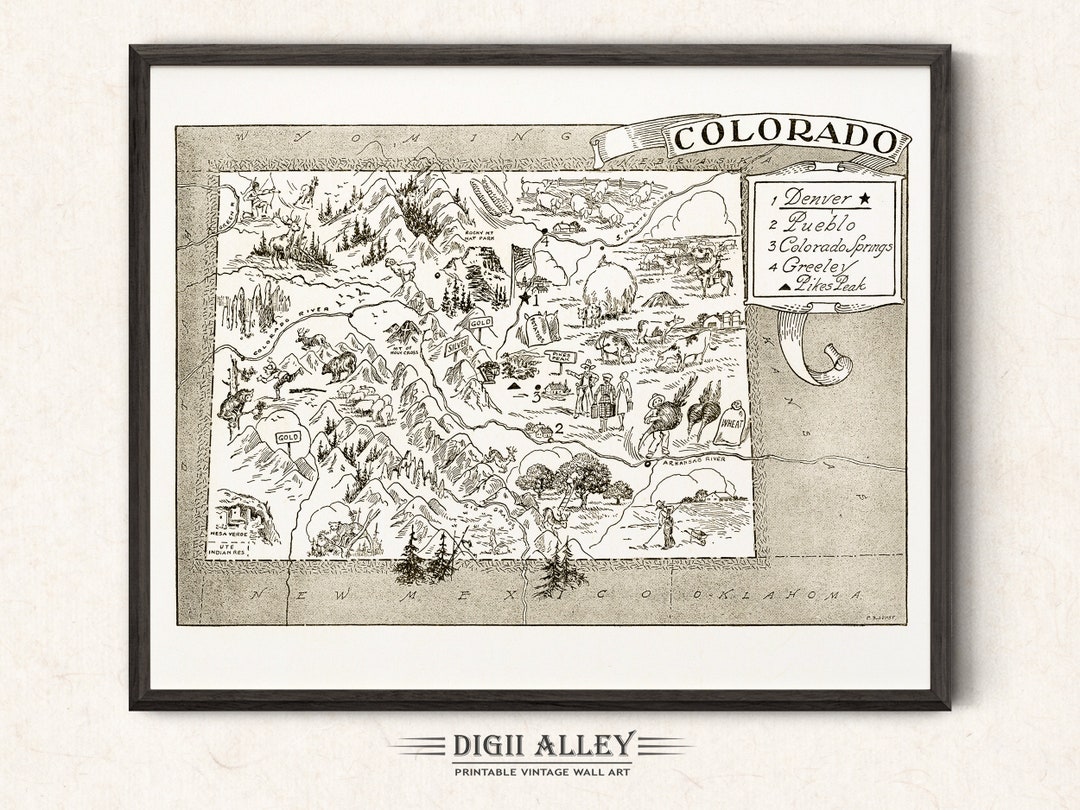 Pictorial State Map of Colorado – Digital Download PRINTABLE Vintage ...