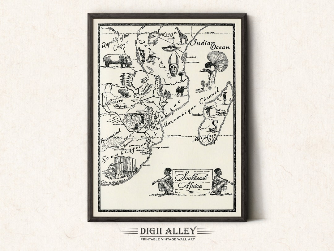 Map of South East Africa – Digital Download PRINTABLE Vintage Pictorial ...