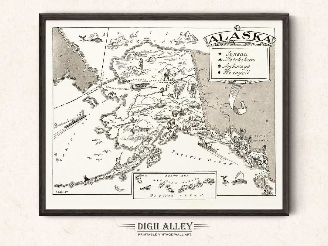 Pictorial State Map of Alaska – Digital Download PRINTABLE Vintage Fun ...