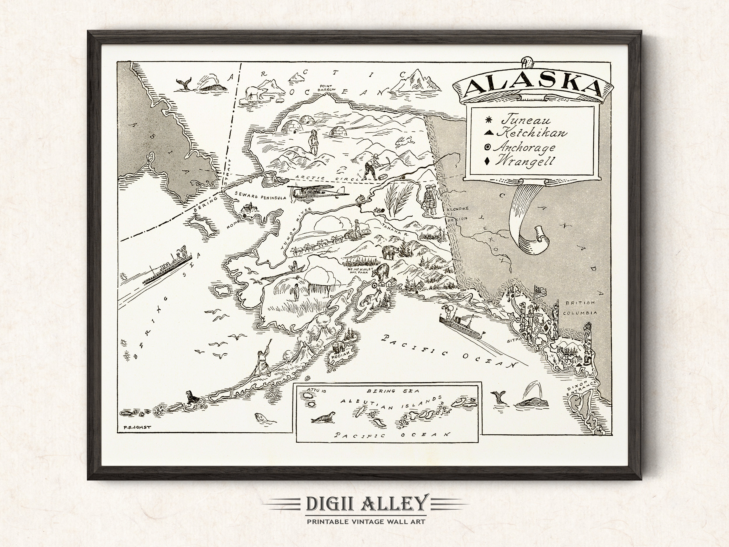 Pictorial State Map of Alaska – Digital Download PRINTABLE Vintage Fun ...