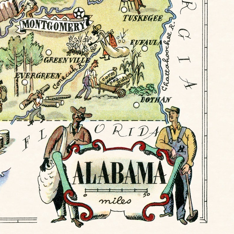 Fun State Map of Alabama – Digital Download PRINTABLE Vintage Pictorial ...