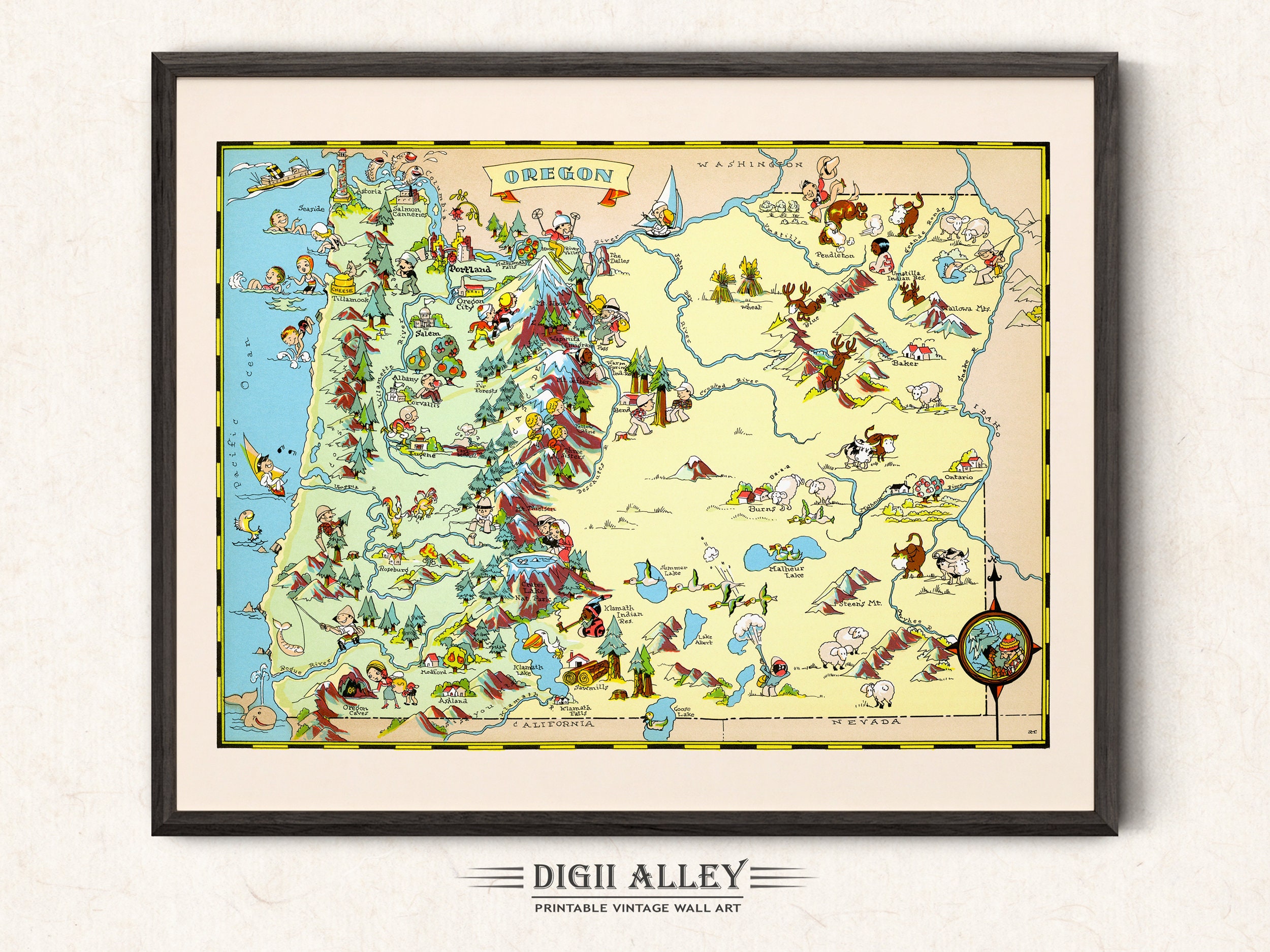 Fun State Map of Oregon Digital Download PRINTABLE Vintage Pictorial ...