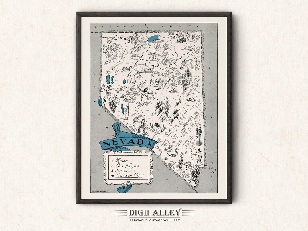 Pictorial Map of Nevada Digital Download PRINTABLE Vintage Fun Old Wall ...