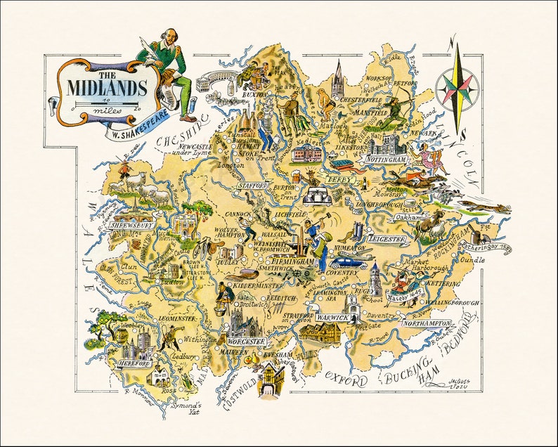 Fun Map of the Midlands in Great Britain, England, UK Digital Download ...